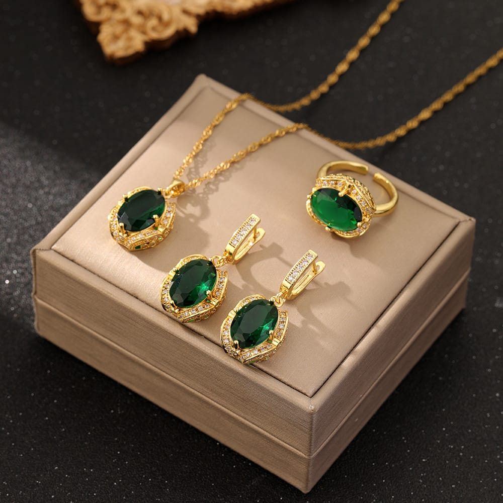 Red & Green Gemstone Gold Jewelry Set